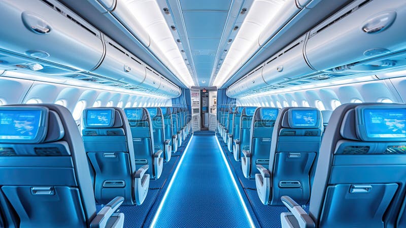 Interior of Empty Modern Aircraft with Blue Flight Seats and Hallway in ...