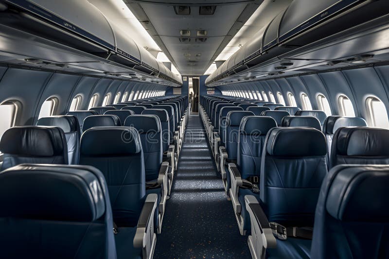 Interior of an Empty Modern Airplane Cabin in Blue Color, Generative AI ...