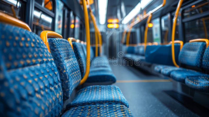Interior of an Empty Modern City Bus with Blue Seats. Stock Photo ...