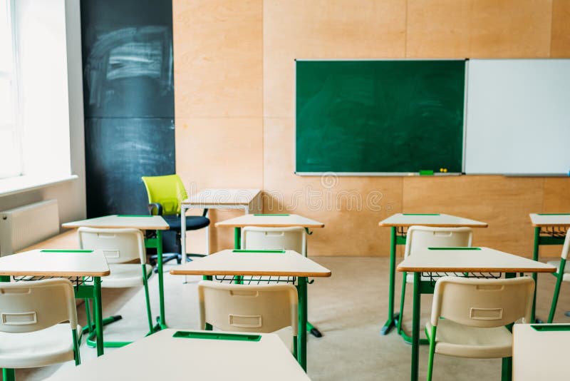 Interior Of Empty Classroom With Laptops On Desk At Stem Stock Photo ...
