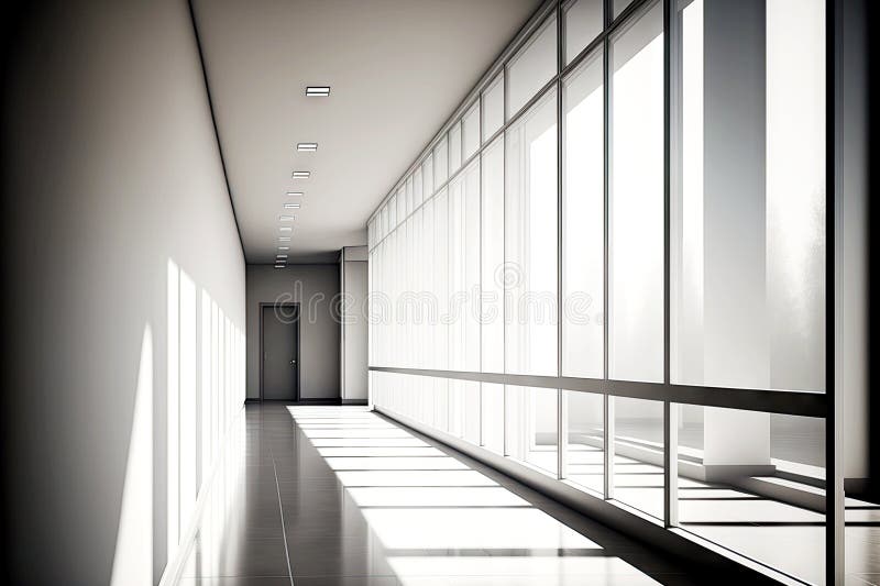 Interior of Empty Office Corridor with Full-wall Windows in Minimalist ...