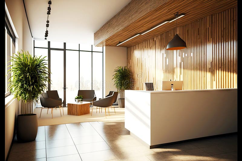 Interior of Empty Reception in Office is Made Using Wood and Light ...