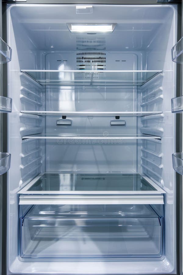 Interior of an Empty Refrigerator with Glass Shelves. Generative Ai ...