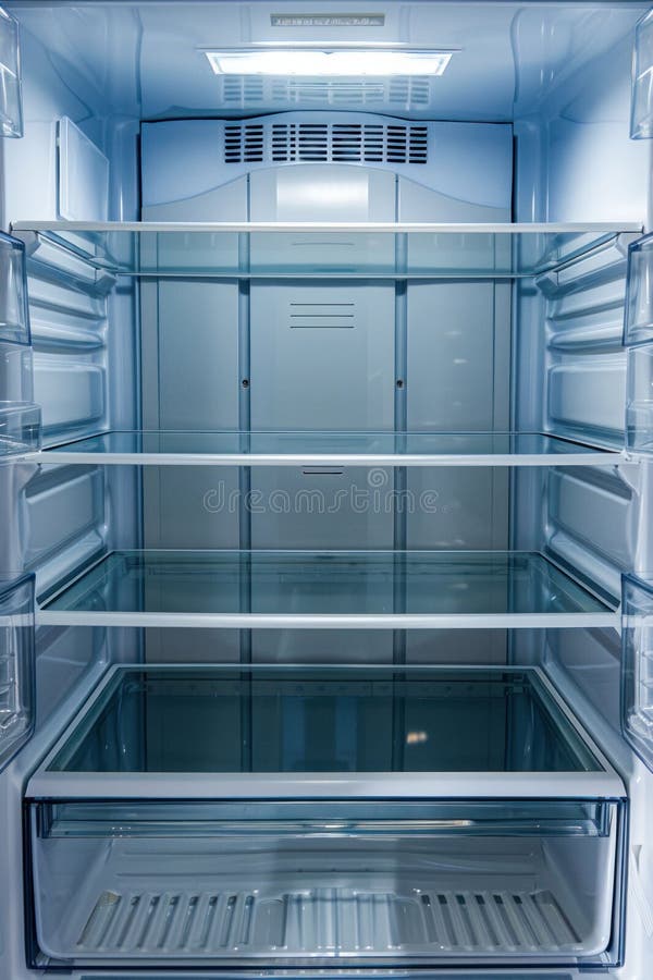 Interior of an Empty Refrigerator with Glass Shelves. Generative Ai ...