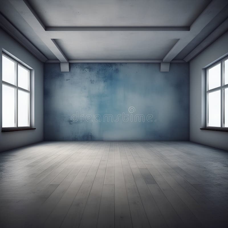 Interior of Empty Room with Blue Wall and Wooden Floor, 3d Render Stock ...