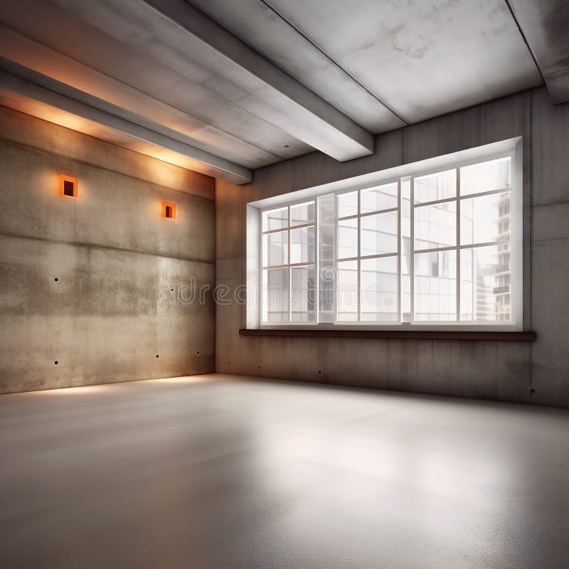 Interior of Empty Room with Concrete Walls and Windows, Rendering Stock ...