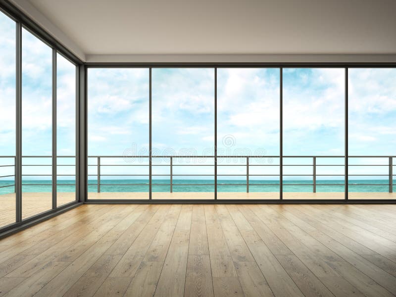 Interior of Empty Room with Sea View 3D Rendering Stock Photo - Image ...