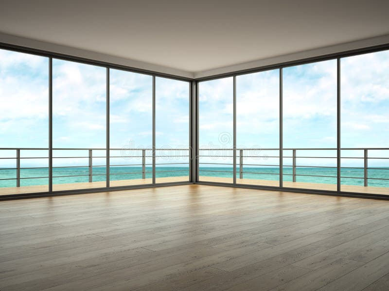 Interior of Empty Room with Sea View 3D Rendering Stock Image - Image ...
