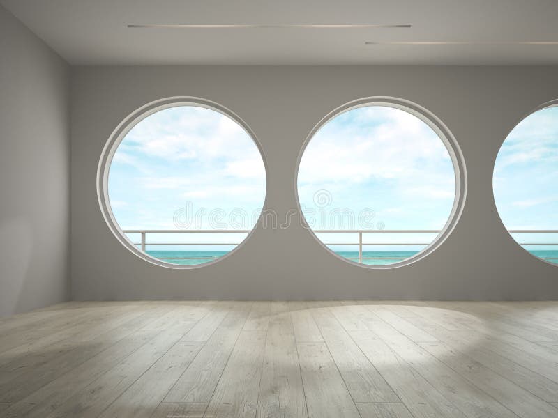Interior of Empty Room with Sea View 3D Rendering Stock Photo - Image ...