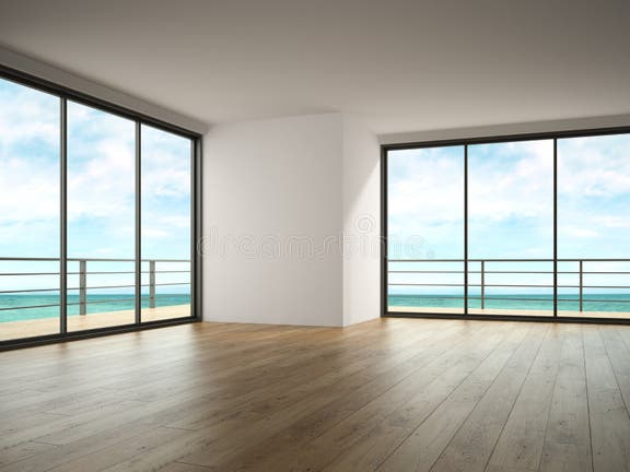 Interior of Empty Room with Sea View 3D Rendering Stock Image - Image ...