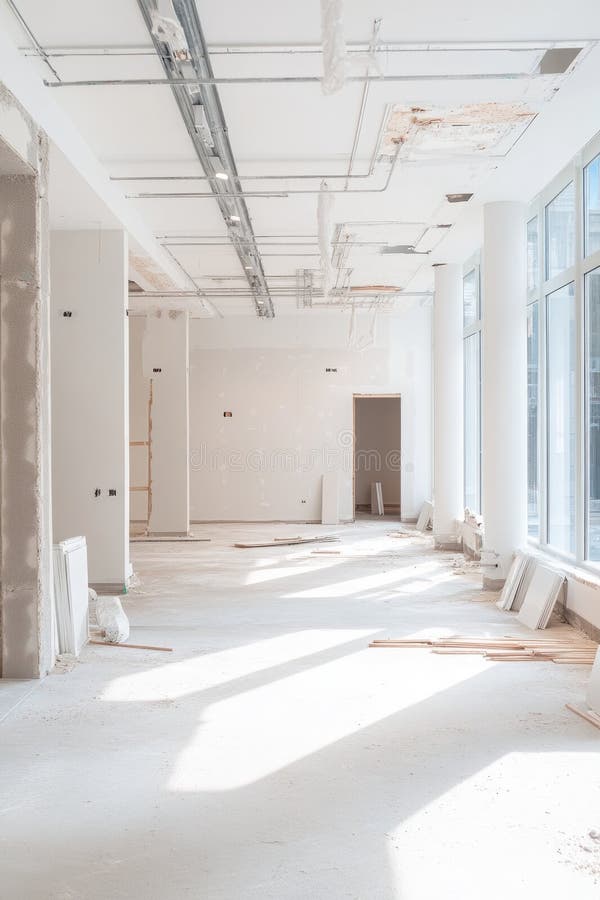 Empty Room Under Construction with Exposed Ceiling Pipes and Wiring ...