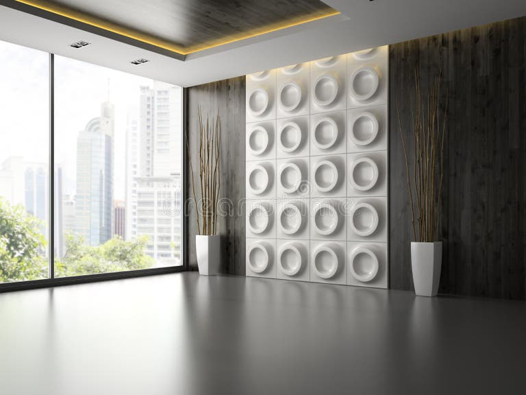 Interior of Empty Room with Wall Panel and Branches 3D Rendering Stock ...