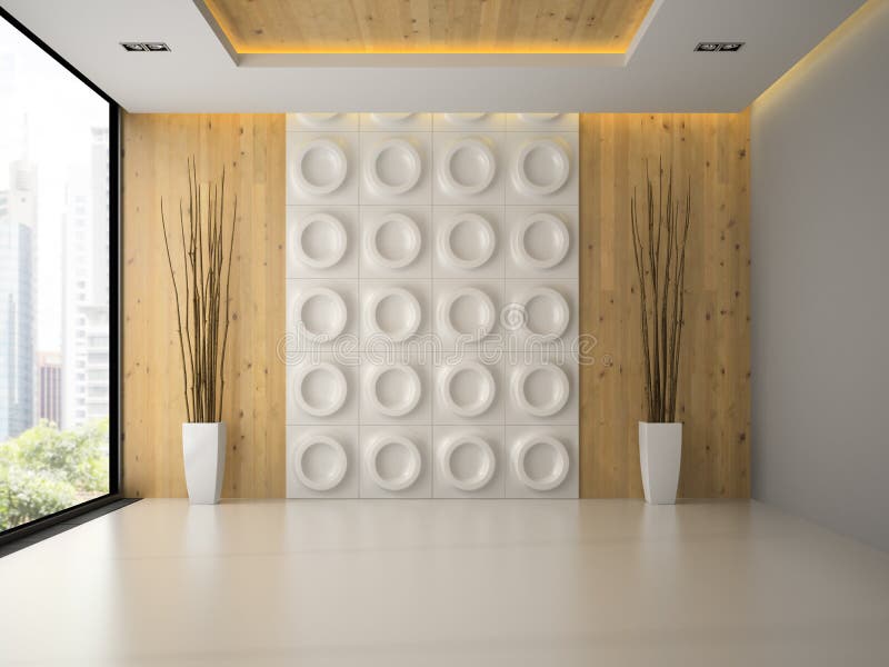 Interior of Empty Room with Wall Panel and Branches 3D Rendering Stock ...