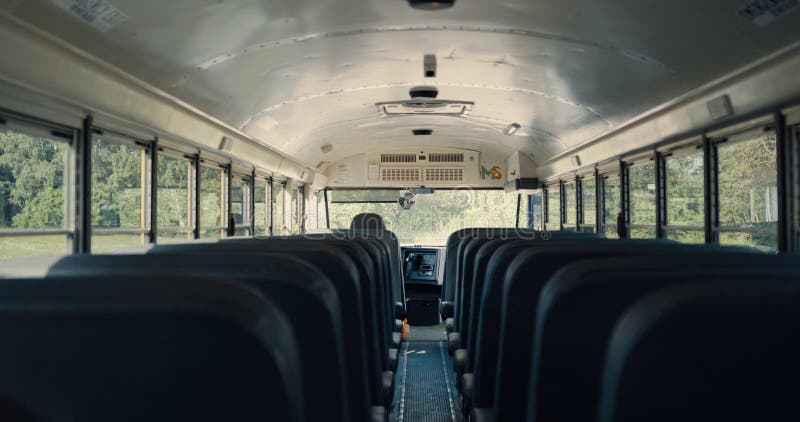 Interior Empty School Bus Closeup. Rows Seats Inside Safety Public ...