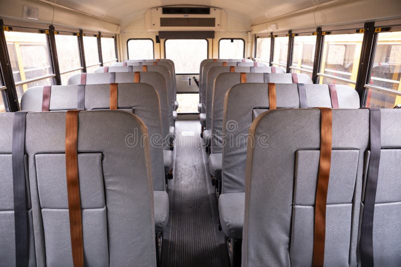 Interior of Empty School Bus with Seat Belts Stock Image - Image of ...