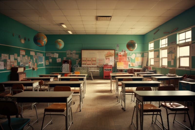 Interior of an Empty School Classroom with a Lot of Desks and Chairs, a ...