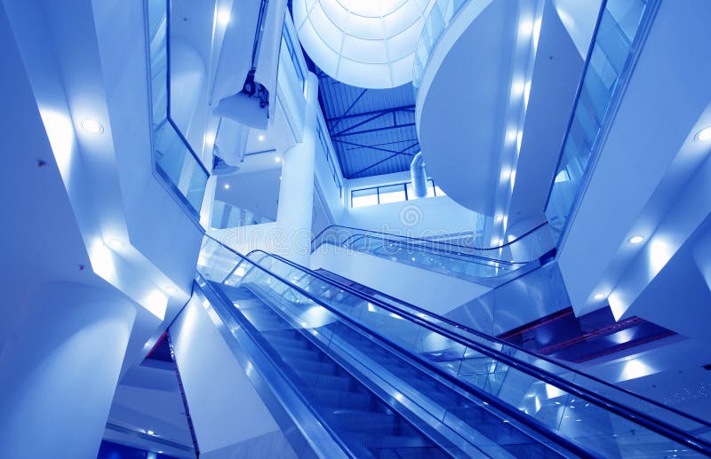 Interior of Empty Shopping Mall Toned in Blue Stock Photo - Image of ...