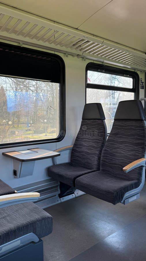 Interior of Empty Train Cabin with Large Windows and Comfortable Seats ...