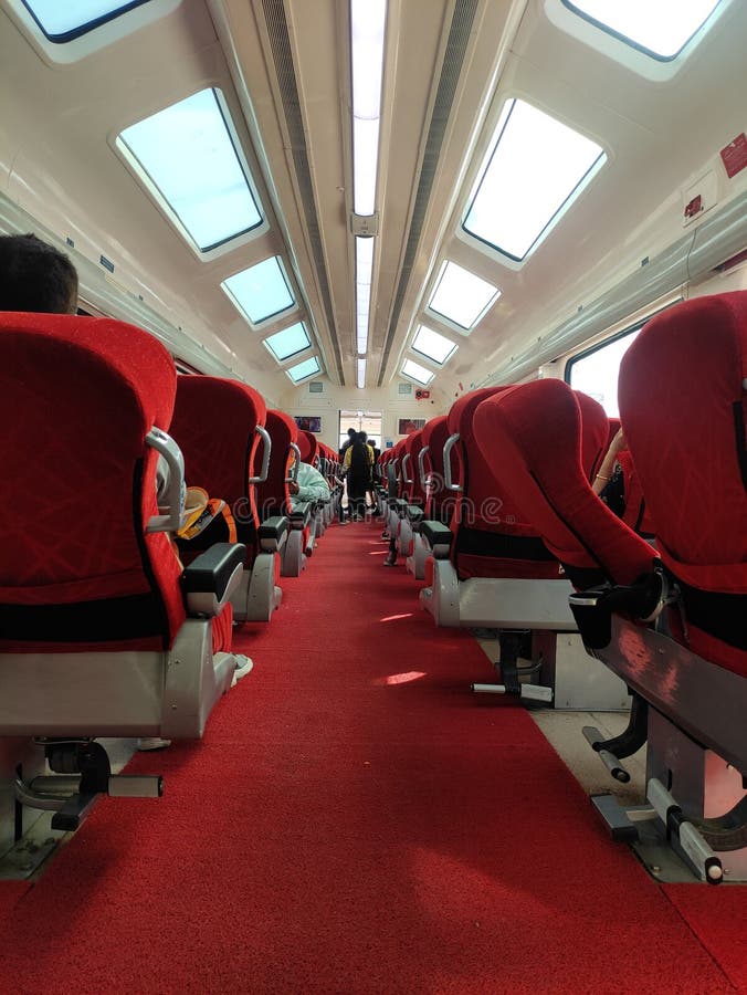 Interior of Empty Train Car with Rows of Red Seats Stock Photo - Image ...