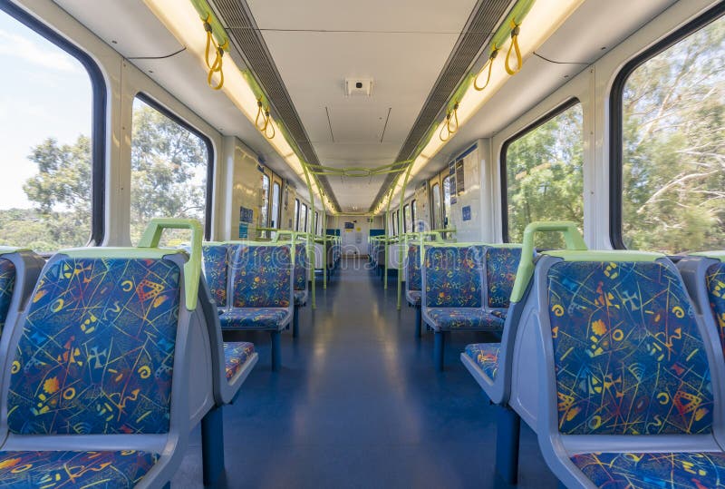 Interior Of Empty High Speed Railway Carriage Stops At A Station ...