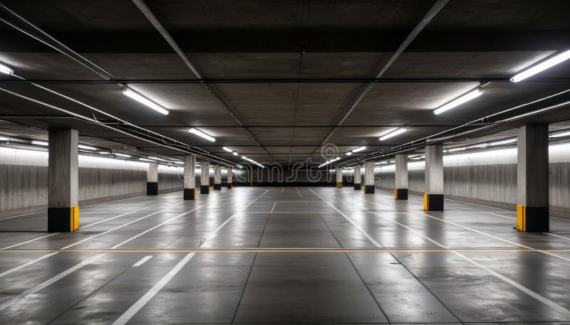 Empty Underground Parking Lot with Dark Concrete Walls Stock Image ...