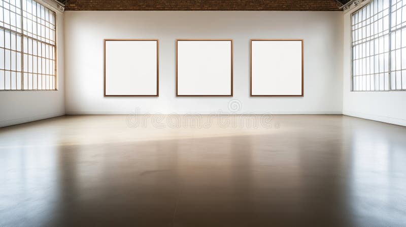 Interior of an Empty Upscale Art Gallery with Glowing Empty Frames, Refined Lighting and Deep ...