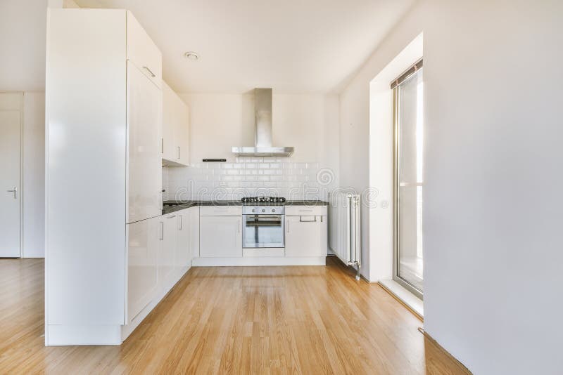 Spacious Bright White Kitchen with Corridor Stock Photo - Image of ...