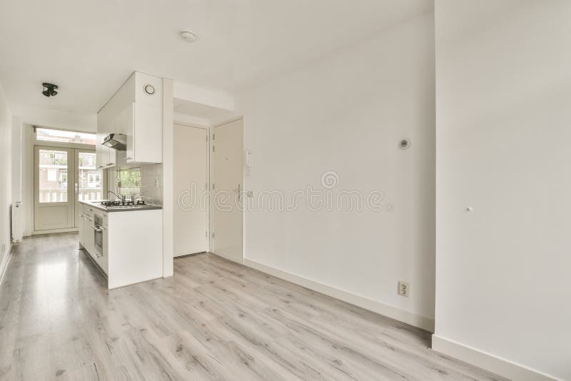 Spacious Bright White Kitchen with Windows Stock Photo - Image of lamp ...