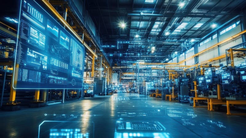 The Interior of a Factorys Control Room with Large Screens Displaying ...