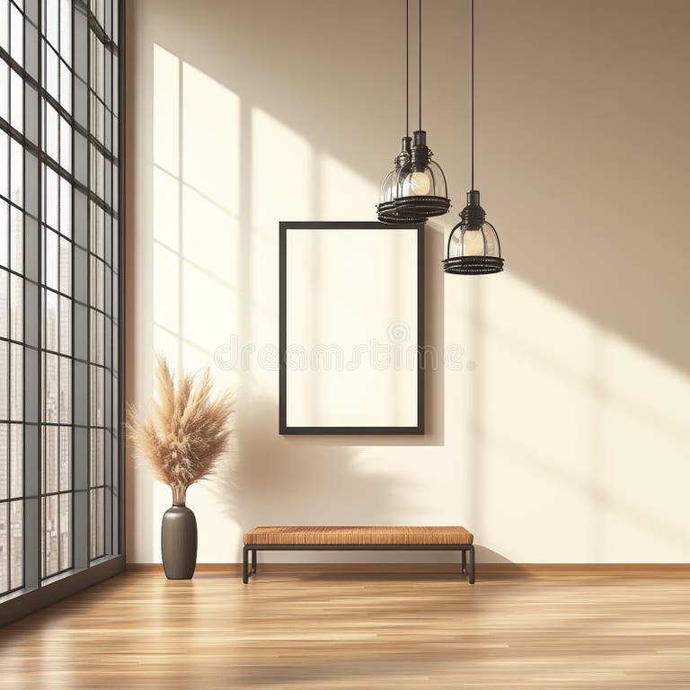 The Interior Features a Minimalist Aesthetic with a Bench, Pampas Grass ...