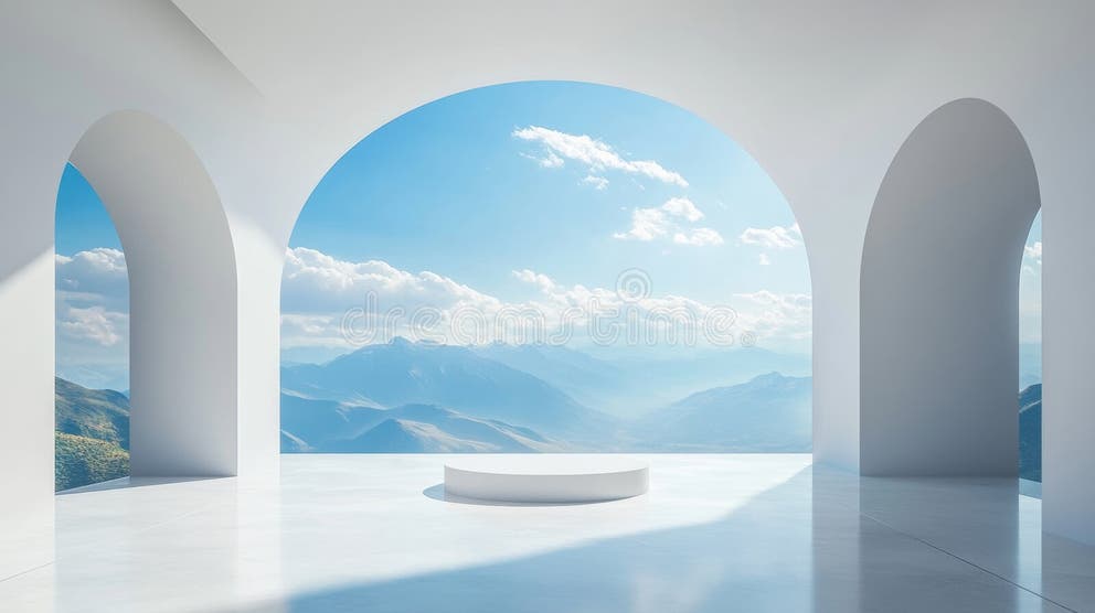 The Interior Features an Oval Window with a Mountain View, a Platform ...