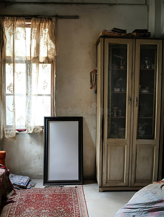 An Interior Features a Worn Wooden Cabinet with Glass Doors Displaying ...