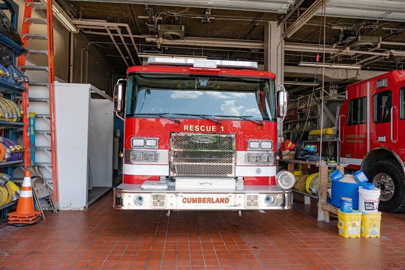 Interior of Fire Department Garage with Red Fire Trucks. Emergency ...