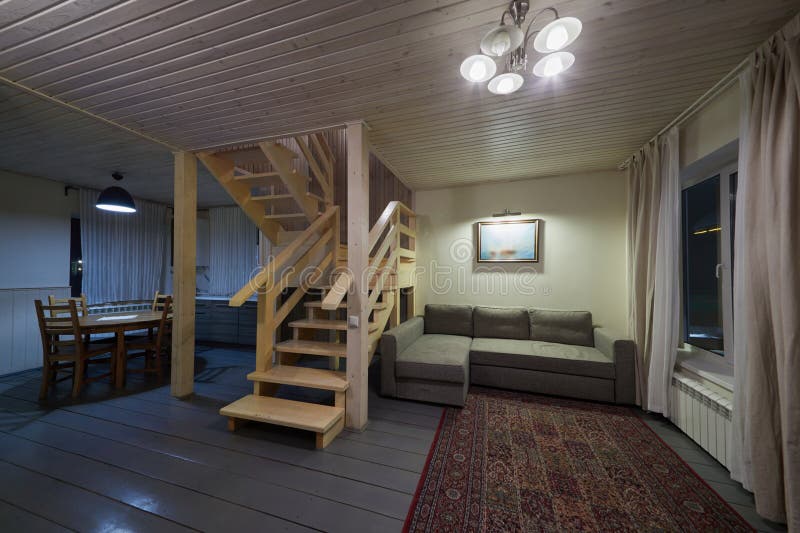 Interior of First Floor of Wooden House with Rest Stock Image - Image ...