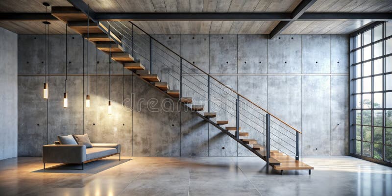 Interior Front Elevation View at the Black Steel Staircase and ...