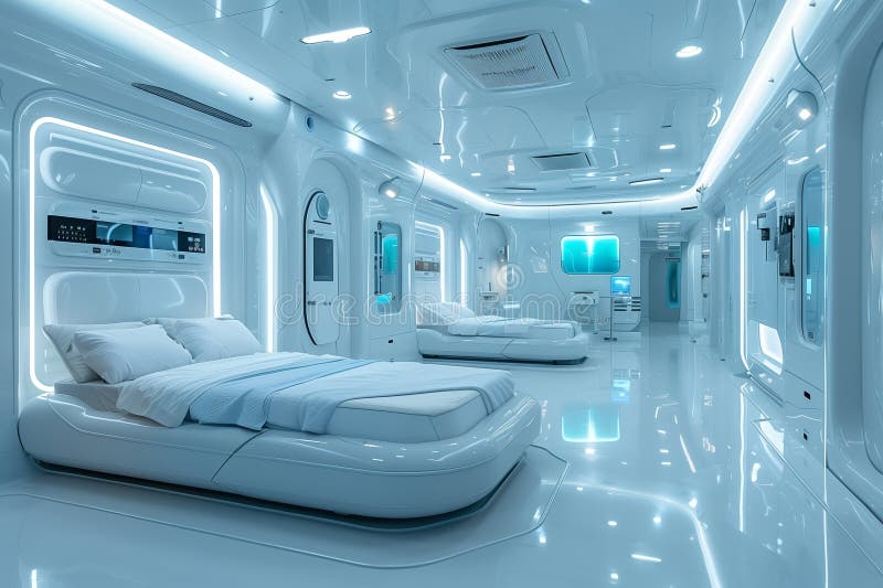 Futuristic White Room Interior with Beds and Control Panels Stock Photo ...