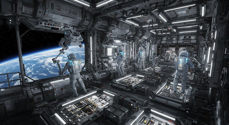 Interior of a Futuristic Space Station Featuring Astronauts in Suits ...