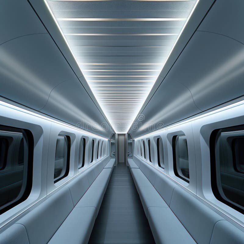 The Interior of a Futuristic Train with Blue and White Seats and Bright ...