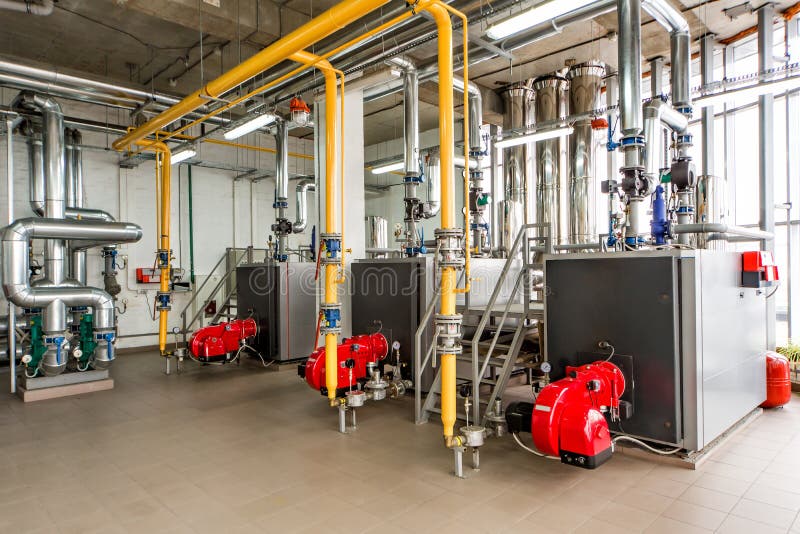 Interior Gas Boiler Room with Multiple Pumps and Piping Stock Image ...