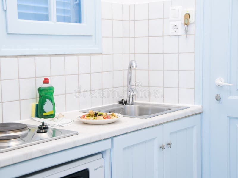 Interior Greek Island Motel Apartment Kitchen Stock Photo - Image of ...