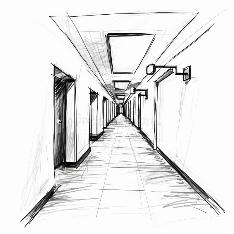 Simplistic Cartoon Sketch of Industrial Horror Hallway with Angular ...