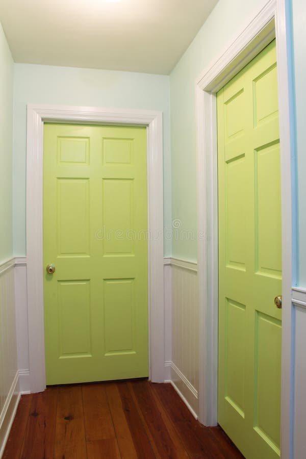 Interior Hallway with Two Green Doors Stock Image - Image of interior ...