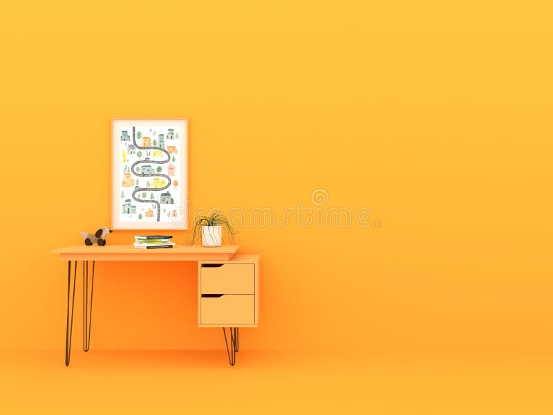 The Interior Has a Desk, Picture and Trees on Empty Yellow Wall ...