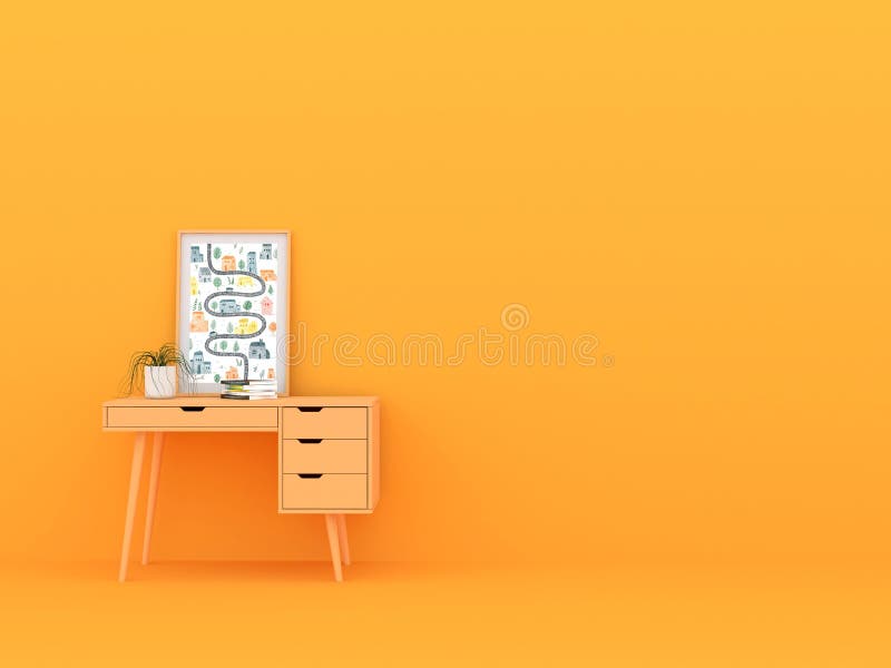 The Interior Has a Desk, Picture and Trees on Empty Yellow Wall ...