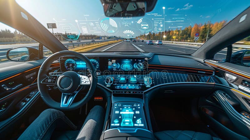 Interior of High-tech Car with Digital Dashboard on Highway. AI ...