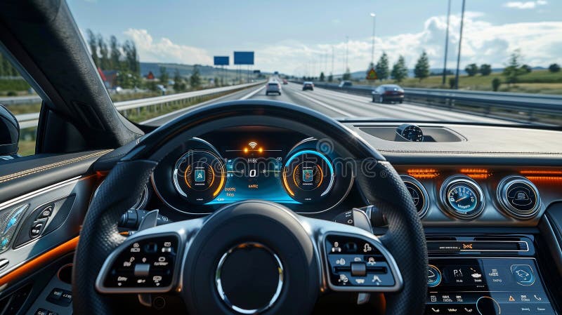 Interior of High-tech Car with Digital Dashboard on Highway. AI ...