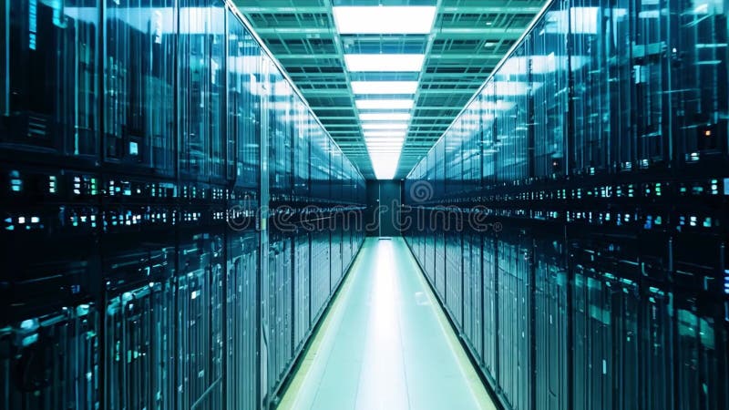 Exploring the Interior of a Data Center with Rows of Server Racks ...