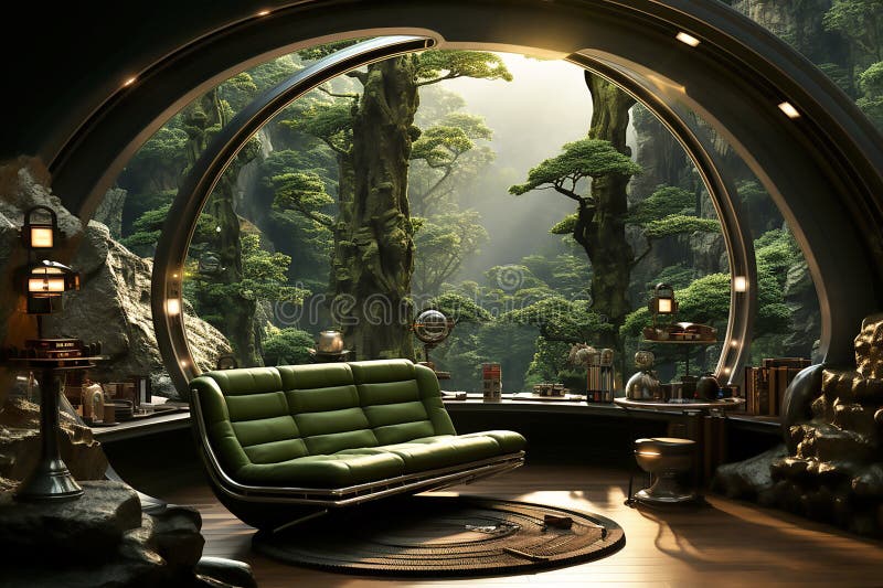Interior in High-tech Style in Green with Forest Views. Generative AI ...