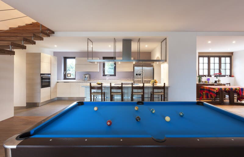 Large Blue Pool Table in a Single-family House. in the Background You ...