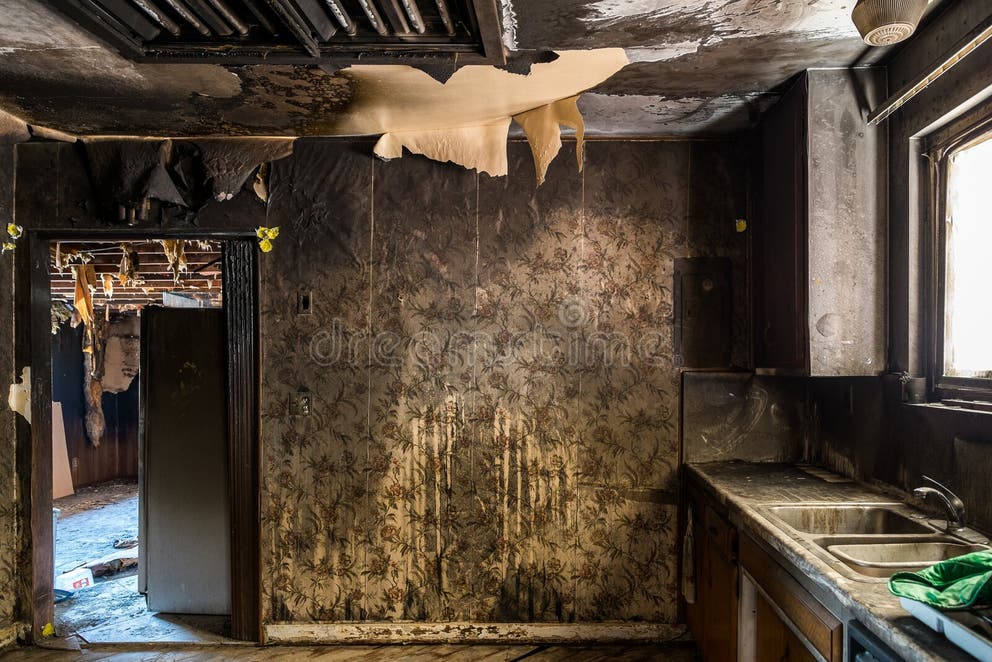 Fire Damaged Home stock photo. Image of plank, board - 99335516